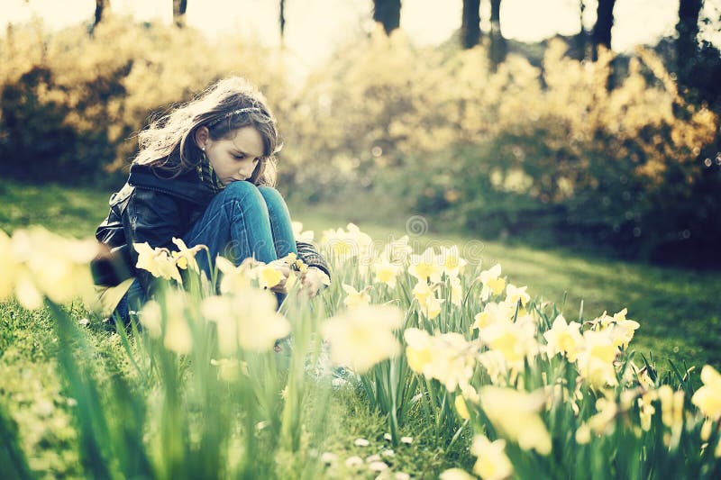 Happy Woman Enjoying Spring, Nature, Falling Petal Stock Image - Image ...