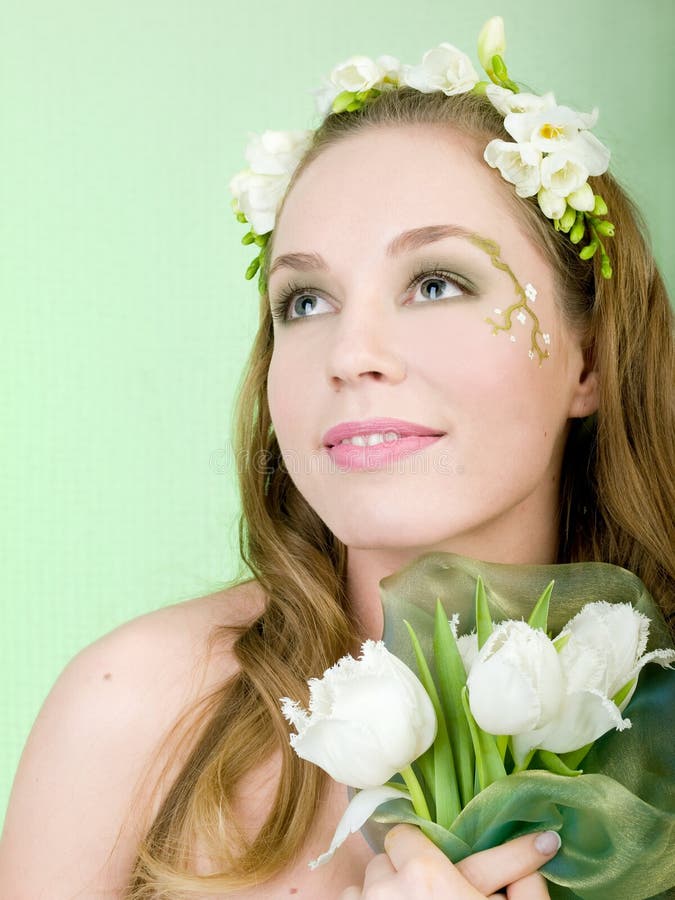 Spring girl stock image. Image of flower, clothing, freesia - 8391803