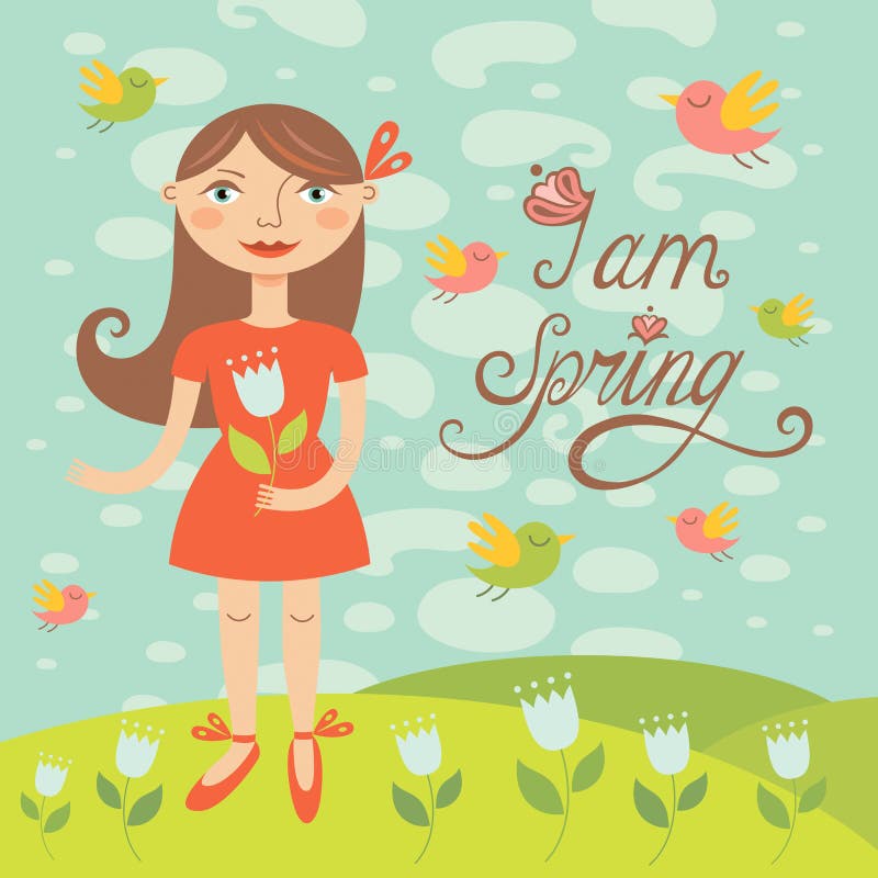 Spring Girl with Birds. Greeting Card Stock Vector - Illustration of ...