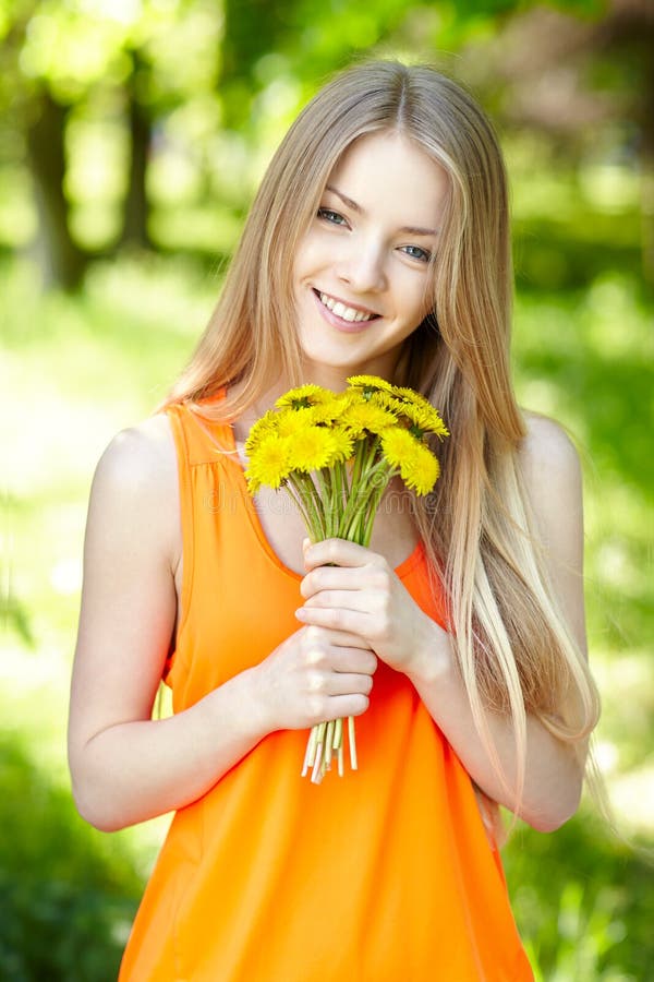 Spring Girl with Bunch of Dandelions Stock Image - Image of dandelion ...