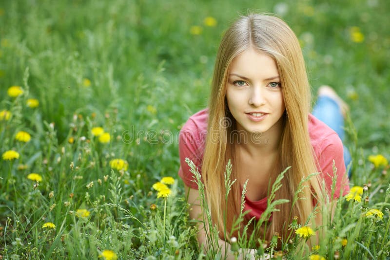 Spring Girl with Bunch of Dandelions Stock Image - Image of blooming ...