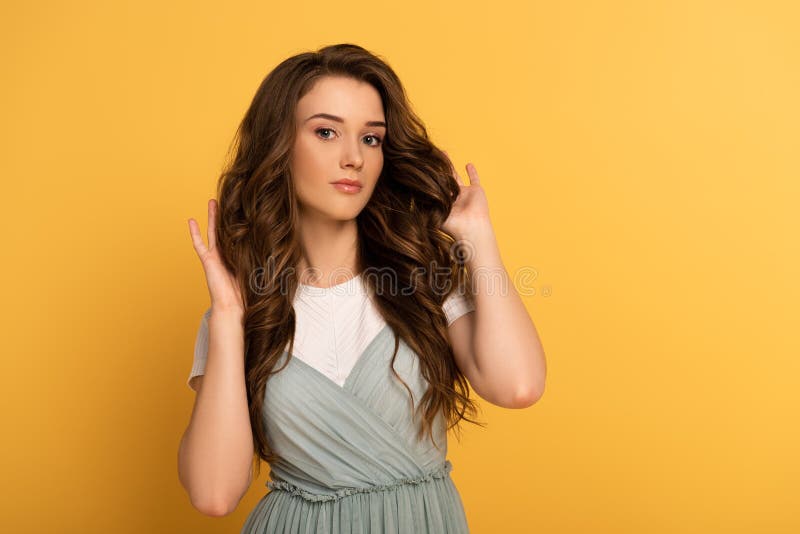 Spring Girl with Long Hair on Yellow Stock Image - Image of beautiful ...