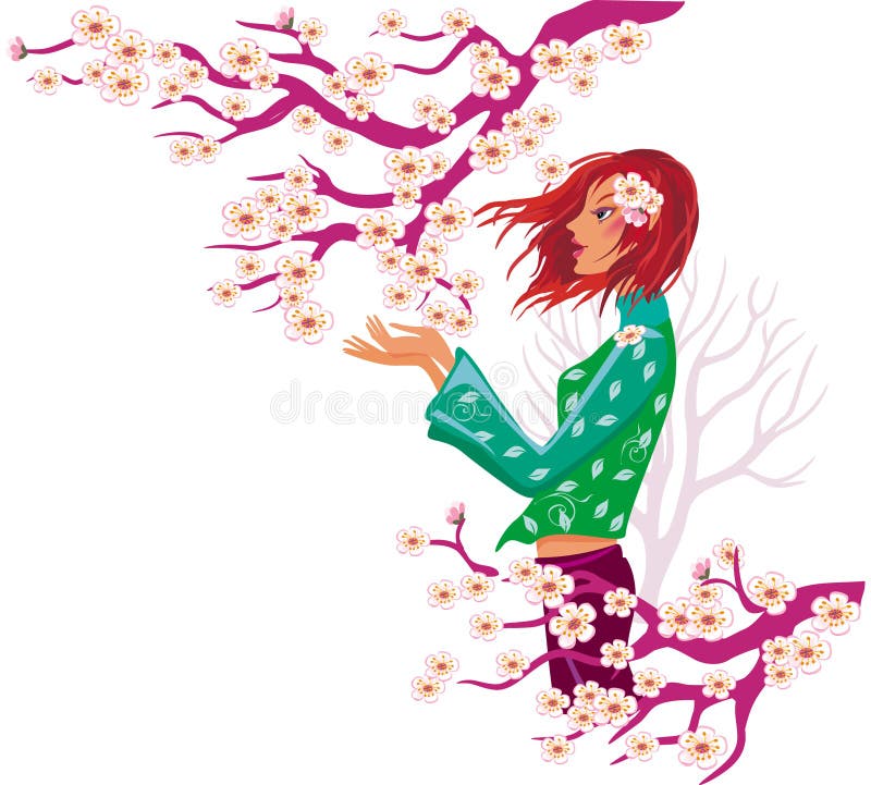 Spring Girl and Tree in Bloom. Stock Vector - Illustration of adult ...