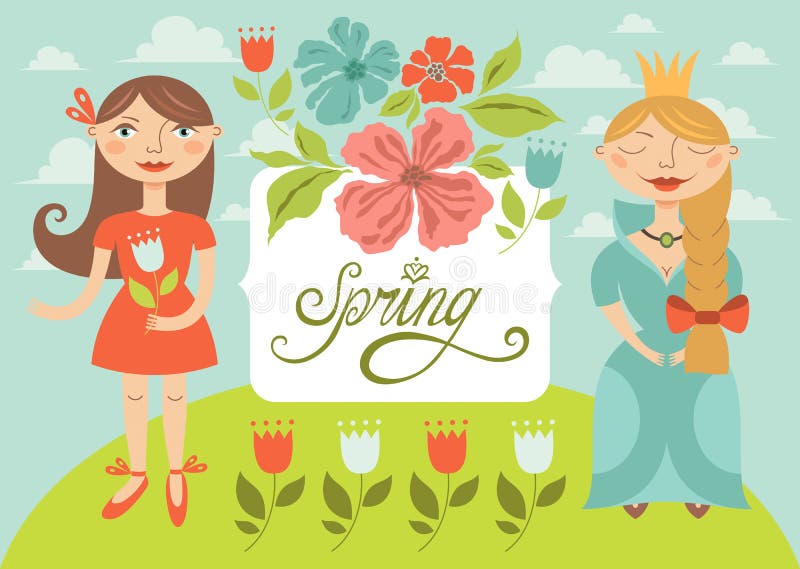 Spring Girls with Flowers. Greeting Card Stock Vector - Illustration of ...