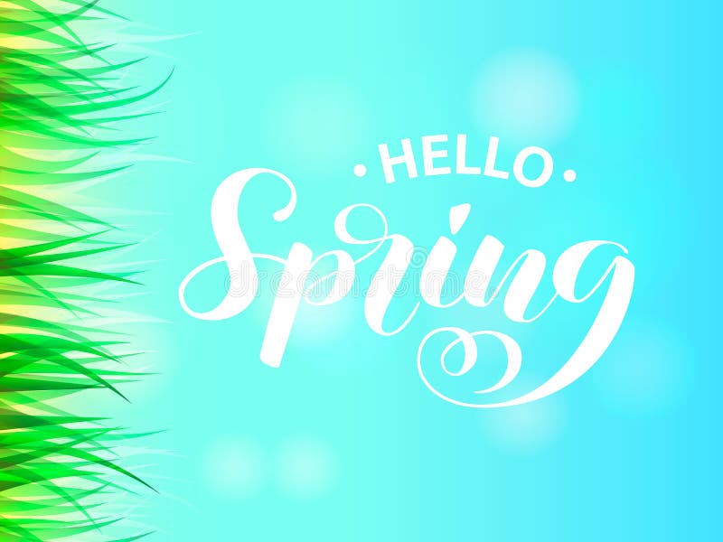 Spring Glade with Green Grass. Spring Hello Lettering. Vector ...