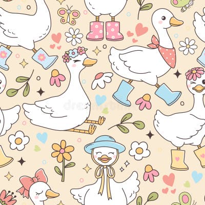 Spring Goose Seamless Pattern Isolated on Orange Background Vector ...