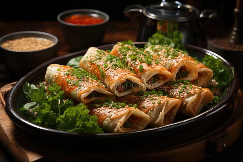 Spring Gourmet Rolls Newly Cooked in Rustic Wooden Plate Generated ...