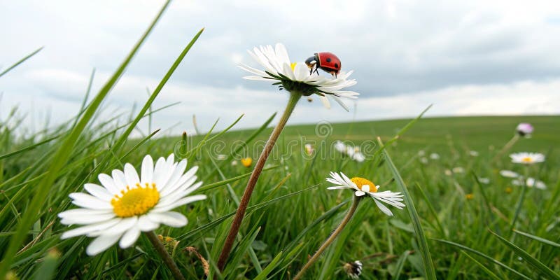 Spring Grass Field with Daisies and Ladybug Stock Illustration ...
