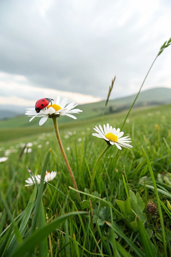 Spring Grass Field with Two Daisies and a Ladybug Stock Illustration ...
