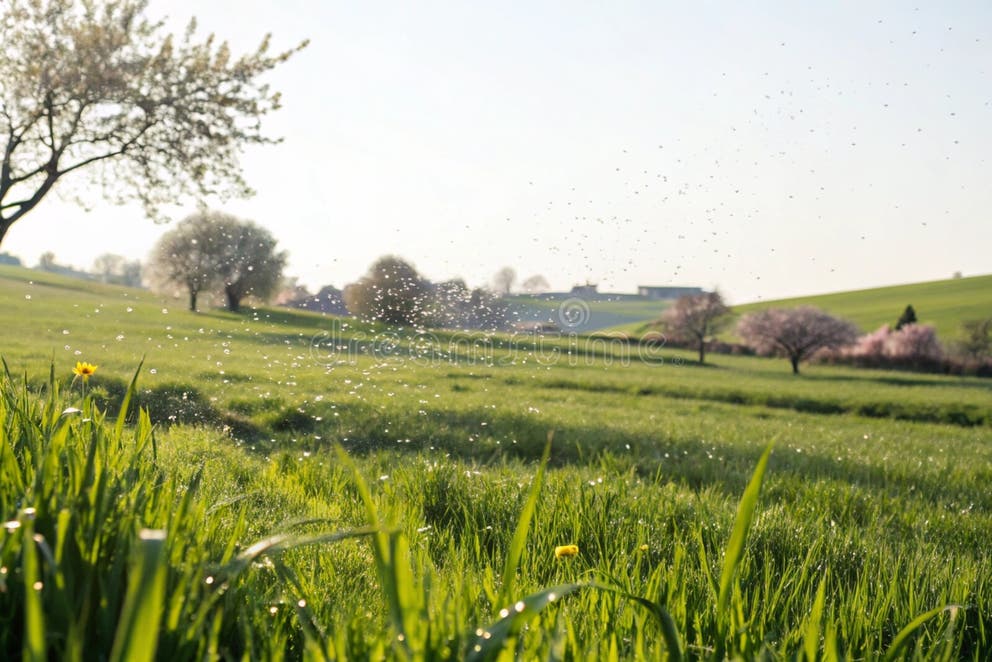 Spring Grass Fields â€ Pollen Floating in the Air Stock Illustration ...