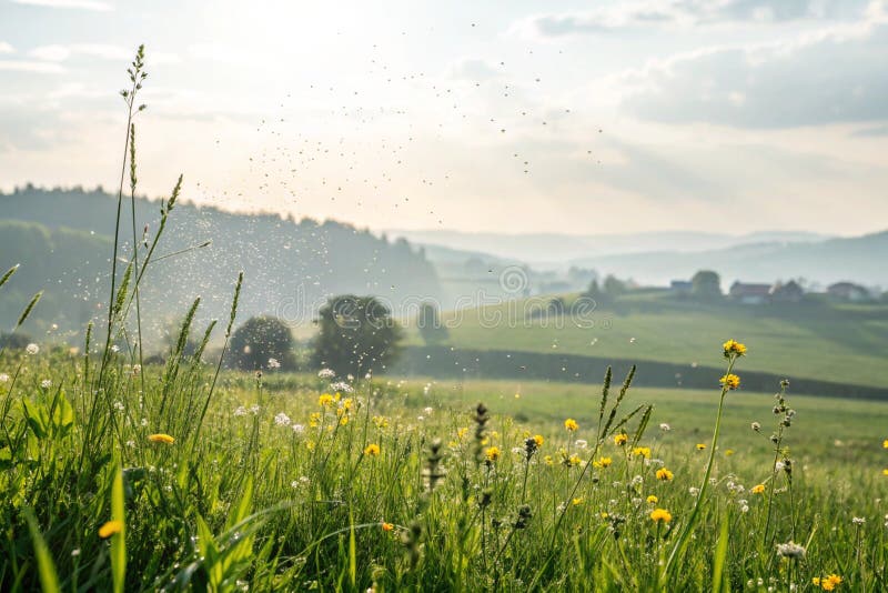 Spring Grass Fields â€ Pollen Floating in the Air Stock Illustration ...