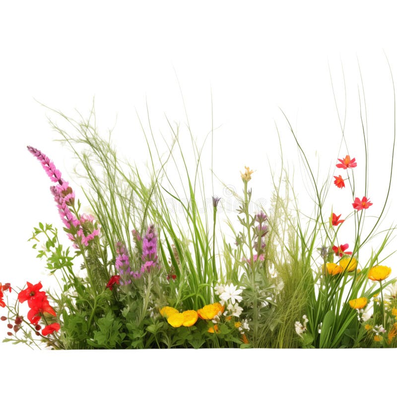 Spring Grass and Wild Flowers Isolated on White Background Stock ...