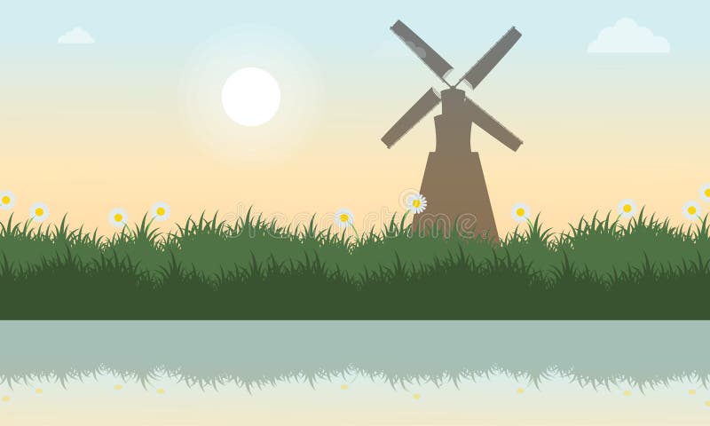 At Spring with Windmill Landscape Stock Vector - Illustration of summer ...