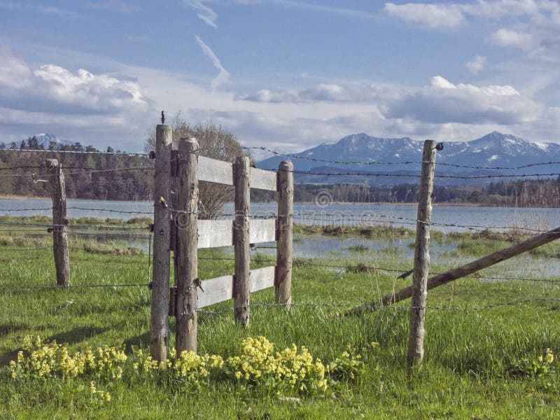 Spring on the Great Lake Ostersee Stock Image - Image of path, fence ...