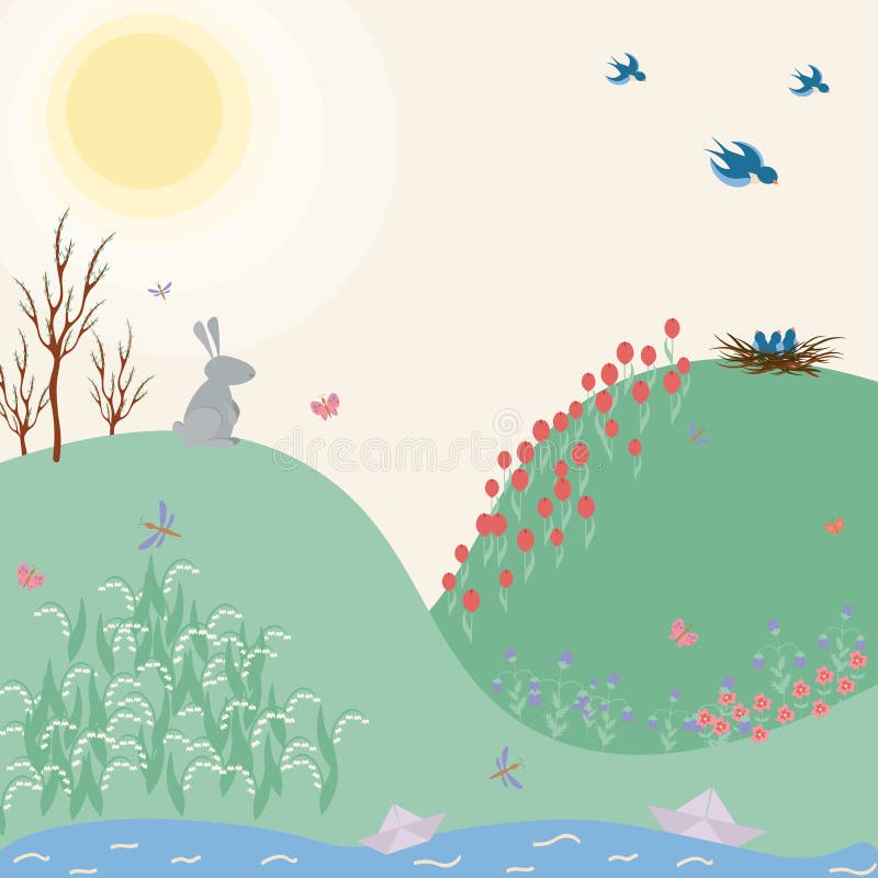 Spring Green Flat Landscape with Flowers Rabbit and Stream Stock Vector ...