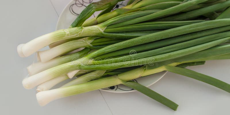 Spring and Green Onions in the Plate on the Table Stock Photo - Image ...