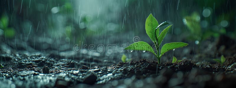 In the Spring, a Green Plant Sprouts from the Ground in the Rain Stock ...