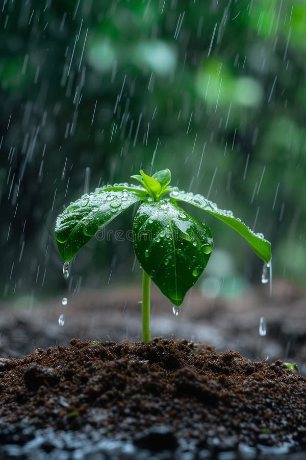 In the Spring, a Green Plant Sprouts from the Ground in the Rain Stock ...