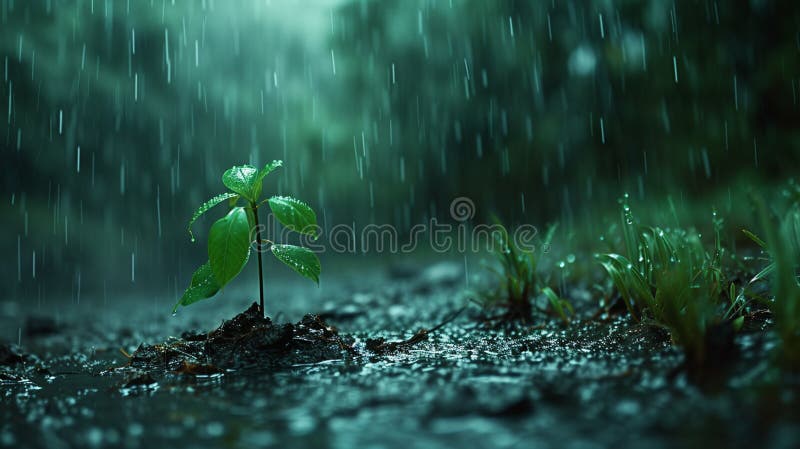 In the Spring, a Green Plant Sprouts from the Ground in the Rain Stock ...