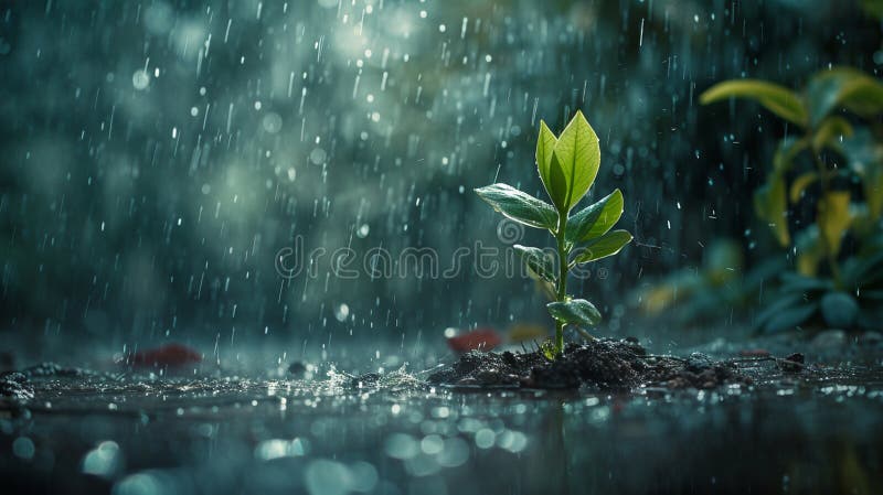 In the Spring, a Green Plant Sprouts from the Ground in the Rain Stock ...