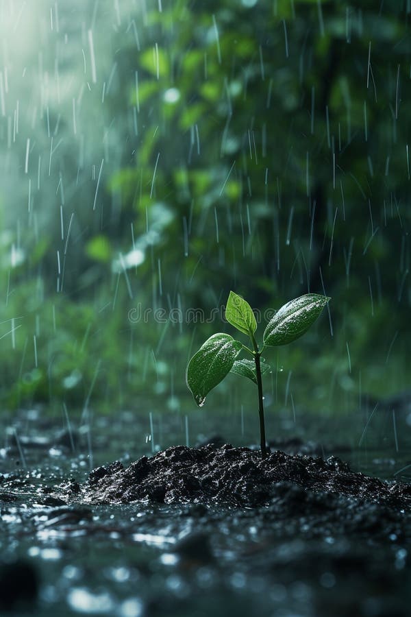 In the Spring, a Green Plant Sprouts from the Ground in the Rain Stock ...