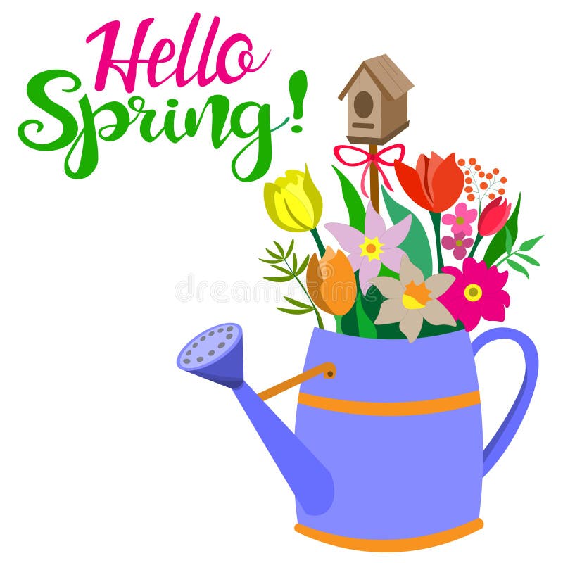 Spring Greeting Card - HELLO, SPRING. Blue Metal Watering Can with ...
