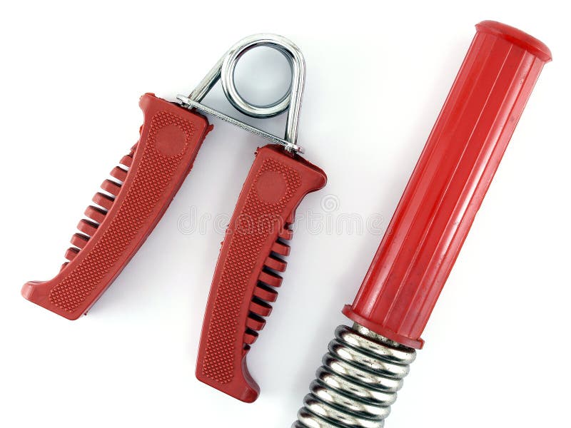Red Spring Grip and Power Twister Bar on White Background Stock Photo ...