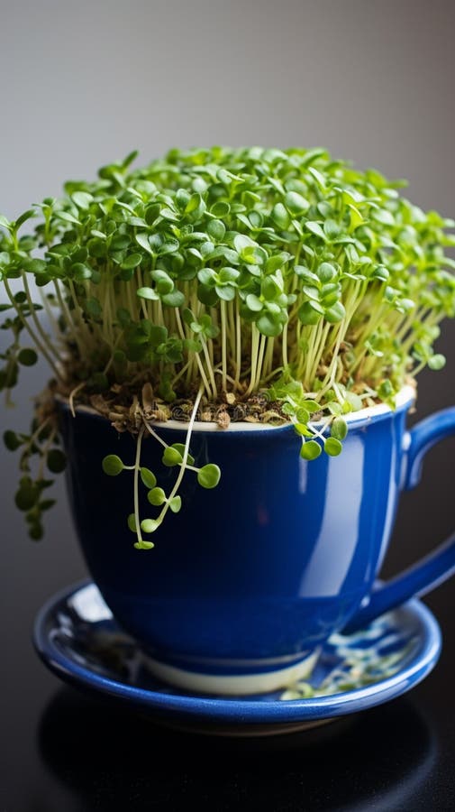 Spring Growth Dark Blue Cup Hosts Green Cress for Easter Stock ...