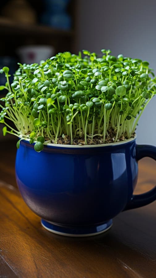 Spring Growth Dark Blue Cup Hosts Green Cress for Easter Stock ...