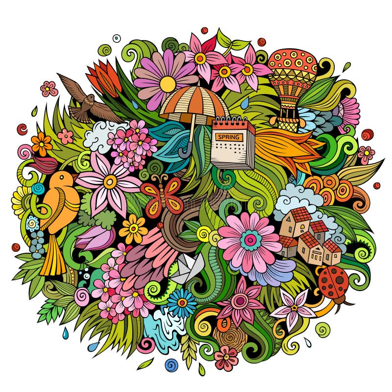 Spring Hand Drawn Cartoon Doodle Illustration. Funny Seasonal Design ...