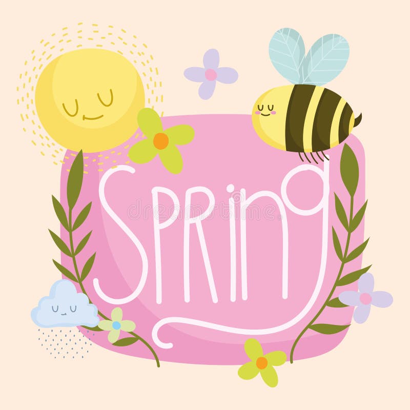 Spring Hand Drawn Flowers Bee Sun Branches Cartoon Stock Vector ...
