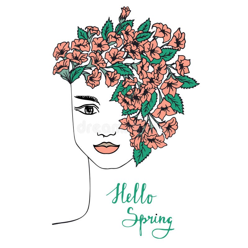 Spring Hand Drawn Girl with Flower Hair. Stock Vector - Illustration of ...