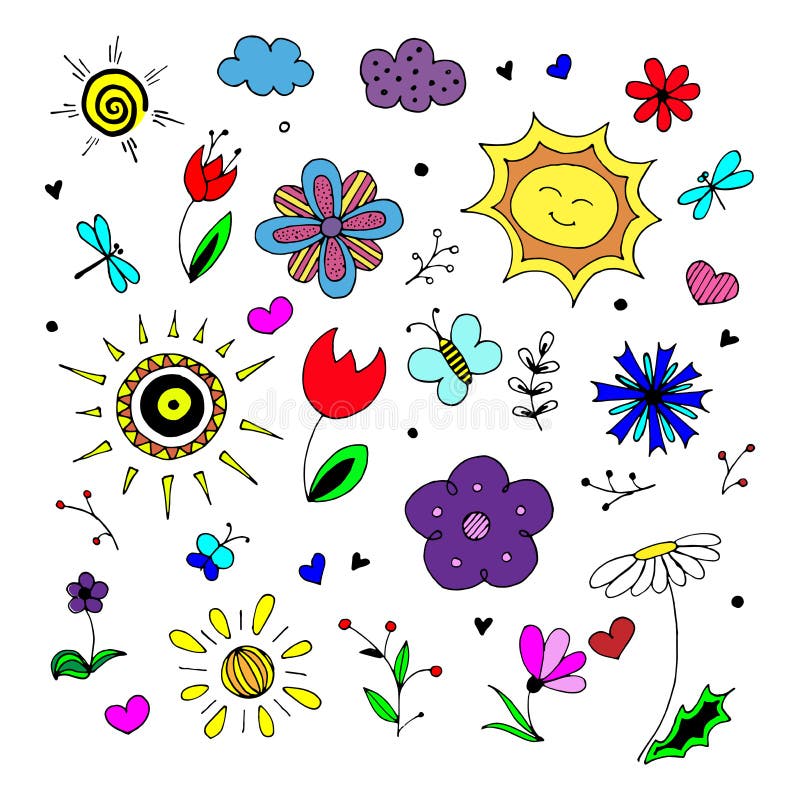 Spring Hand Drawn Vector Set. Colored Cartoon Set of Objects and ...