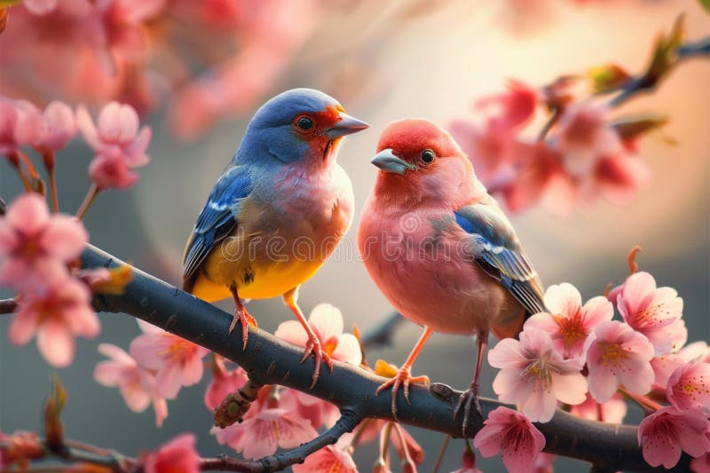 Spring Harmony Birds in Vibrant Colors on a Blossoming Cherry Tree ...