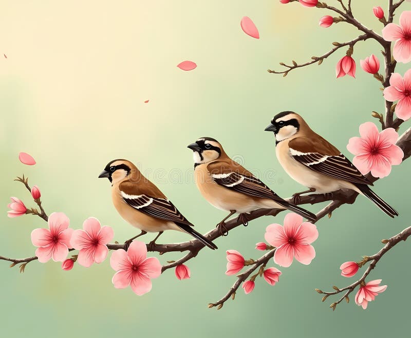 Spring Harmony: Sparrows on Cherry Blossom Branch Stock Illustration ...