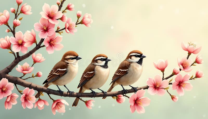 Sparrows on Blooming Lilac Branch with Beautiful Flowers in Spring ...