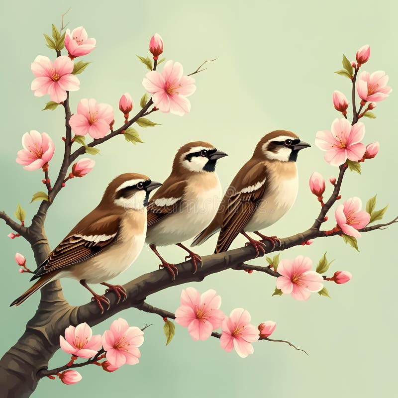 Spring Harmony: Sparrows on Cherry Blossom Branch Stock Illustration ...