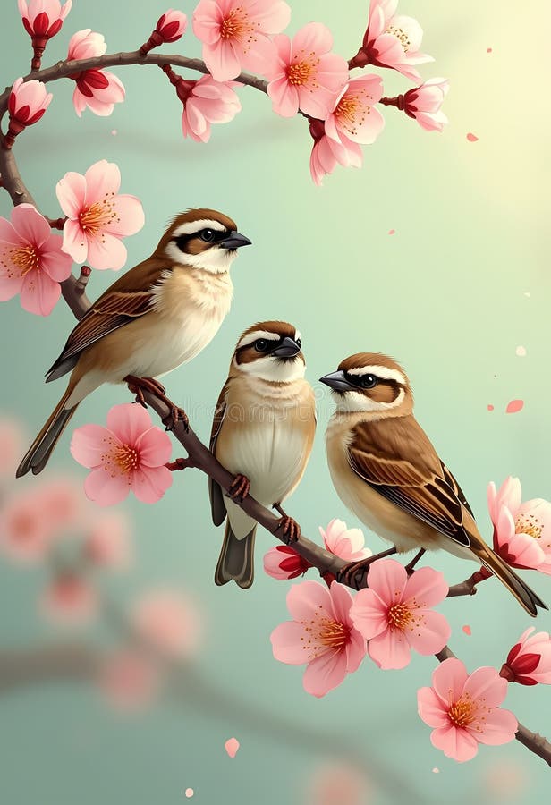 Spring Harmony: Sparrows on Cherry Blossom Branch Stock Illustration ...
