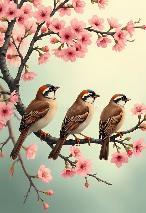 Spring Harmony: Sparrows on Cherry Blossom Branch Stock Illustration ...