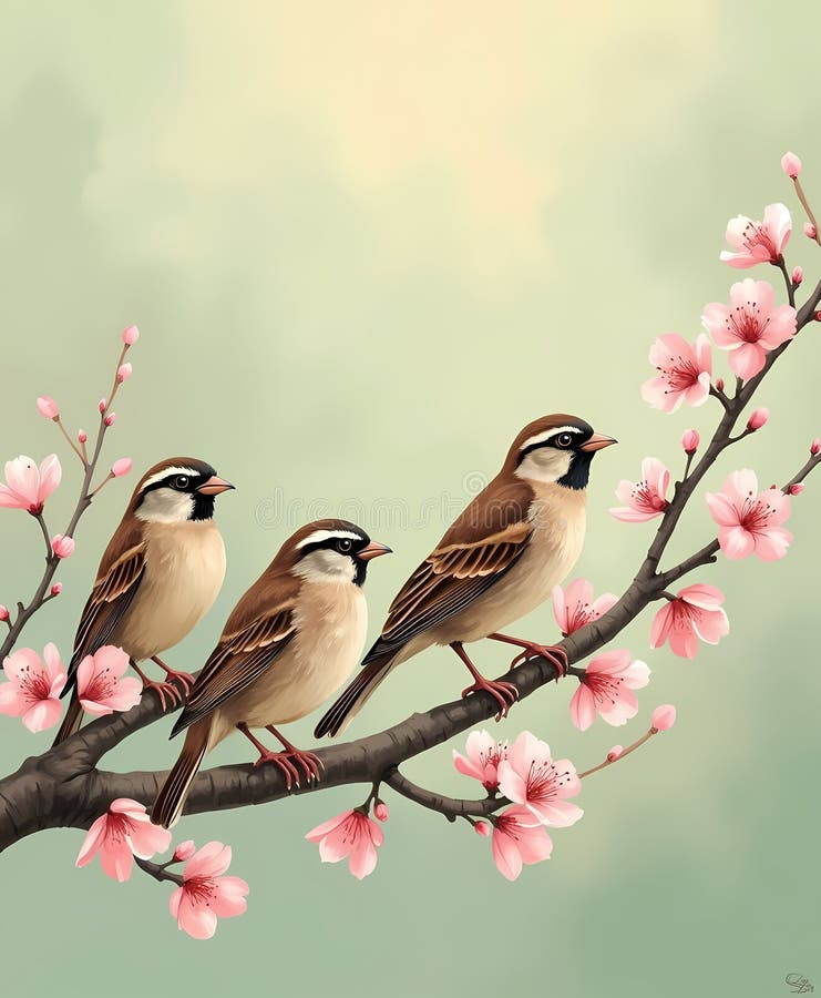 Spring Harmony: Sparrows on Cherry Blossom Branch Stock Illustration ...