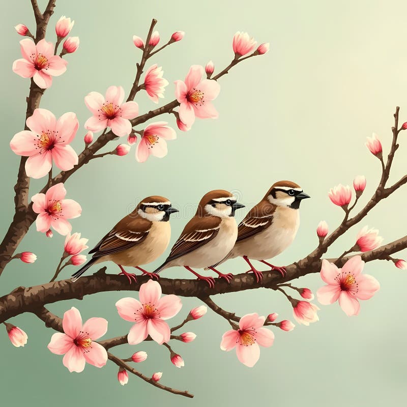 Sparrows on Blooming Lilac Branch with Beautiful Flowers in Spring ...