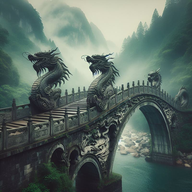 Spring Haven: Dragon Bridge Amidst Mountains, Generative AI. Stock ...