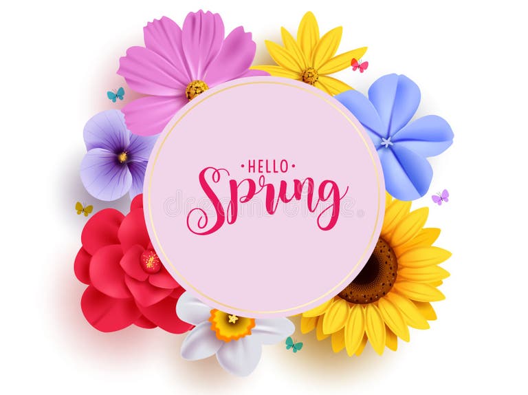 Spring Hello Greeting Clipart Template. Hello Spring Greeting Text in Circle Frame with ...