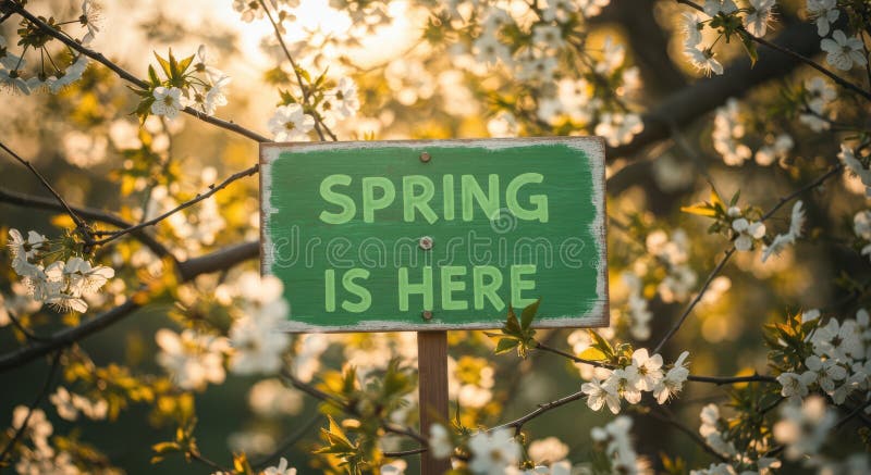Spring is Here: Blossoming Cherry Trees and a Welcome Sign in Nature S ...
