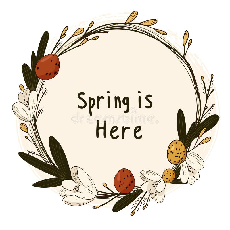 Spring is Here with Floral Wreath and Seasonal Accents Stock Vector ...