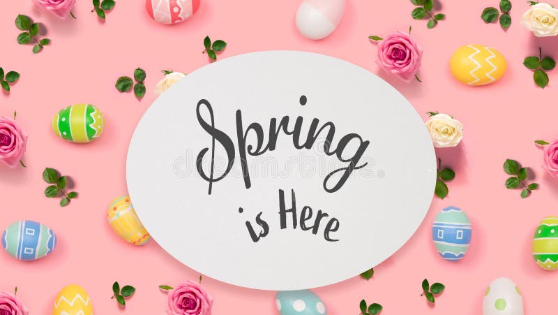 Spring is Here Message with Easter Eggs Stock Image - Image of painted ...