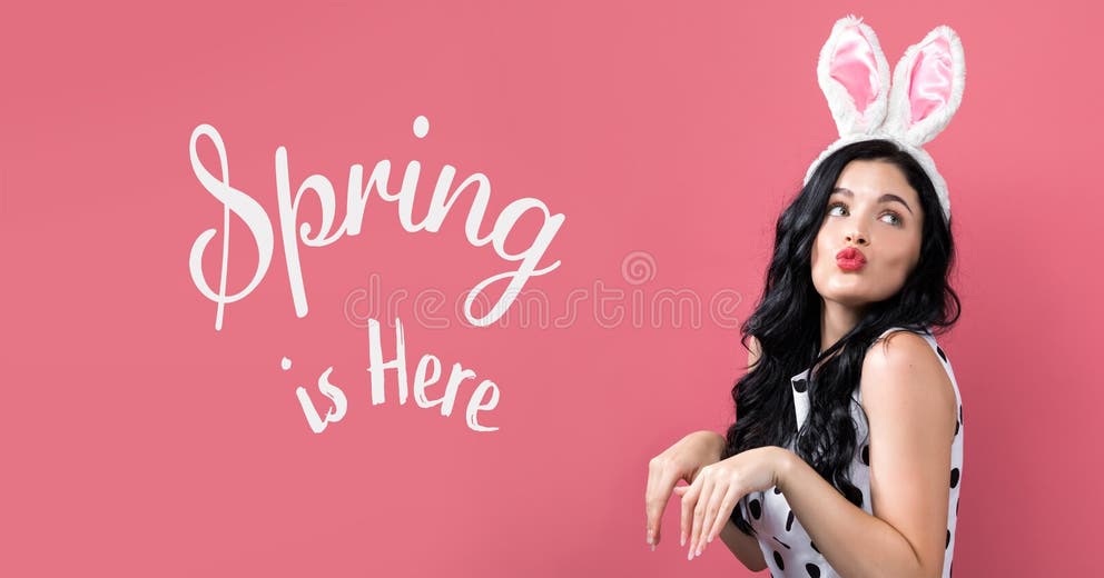 Spring is Here Message with Woman with Easter Theme Stock Photo - Image ...