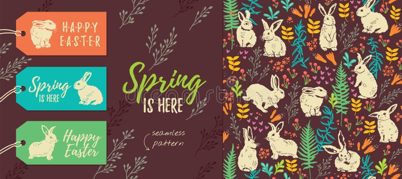Spring is Here. Set of Easter Tags and Seamless Pattern Stock Vector ...