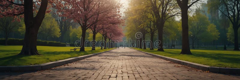 Spring Holidays in Park with Walkway Panoramic Wide Ai Generated Stock ...