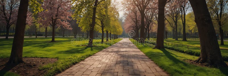 Spring Holidays in Park with Walkway Panoramic Wide Ai Generated Stock ...